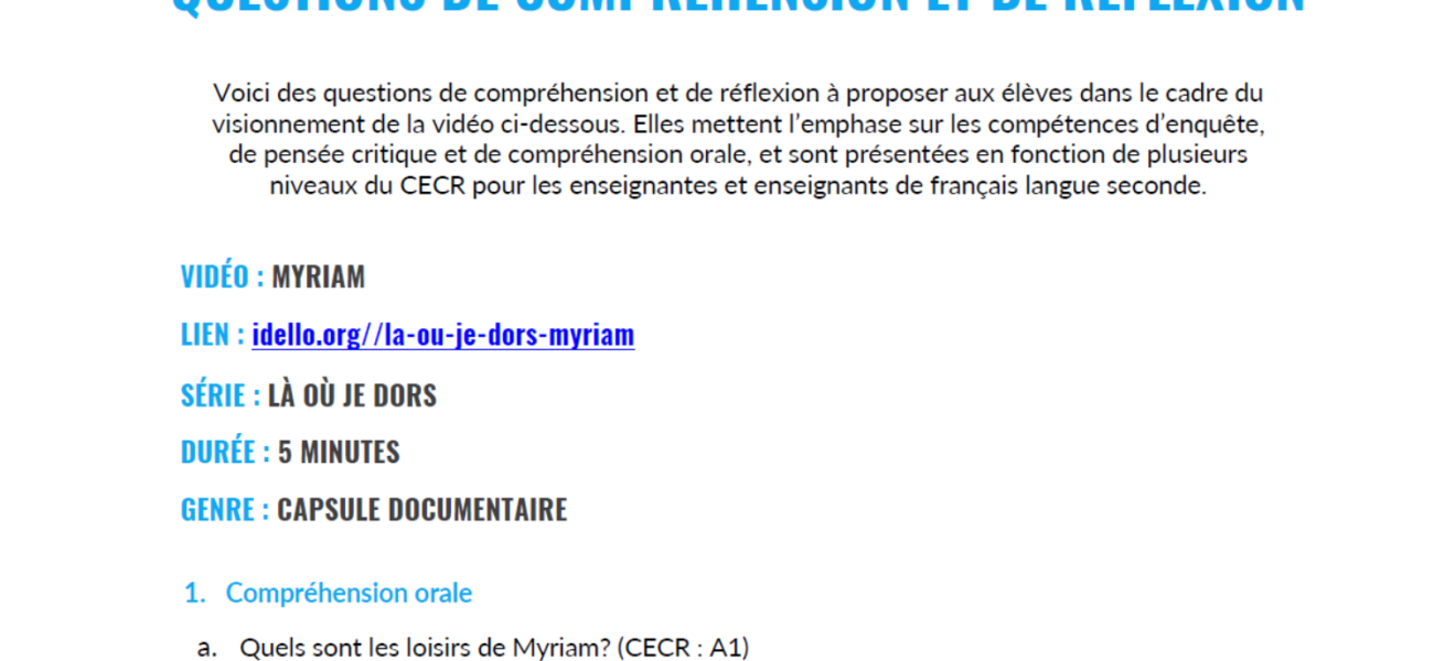 Compréhension et réflexion : questions sur la vidéo Myriam de la série ...