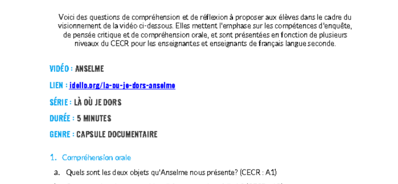 Compréhension et réflexion : questions sur la vidéo Anselme de la série ...