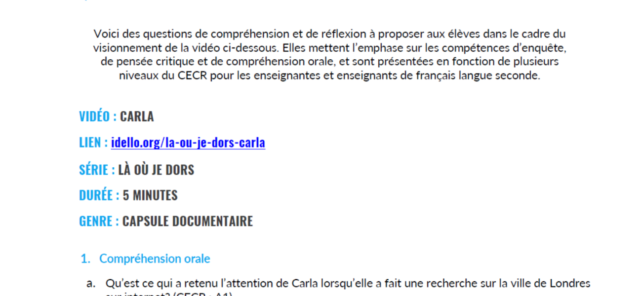 Compréhension et réflexion : questions sur la vidéo Carla de la série ...