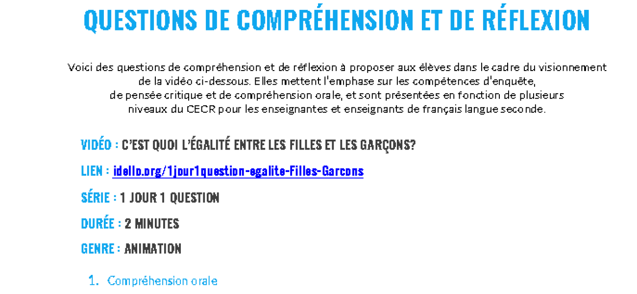 Compréhension et réflexion : questions sur la vidéo C'est quoi l ...